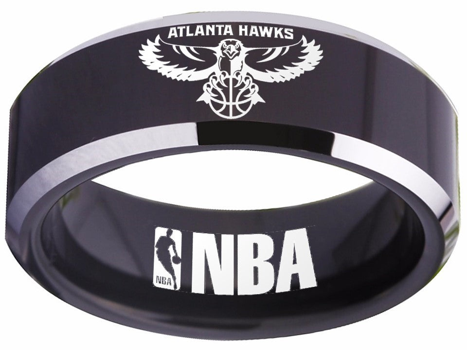 Home › Atlanta Hawks Ring ATL Hawks NBA Ring 8mm Black and Silver Ring ...